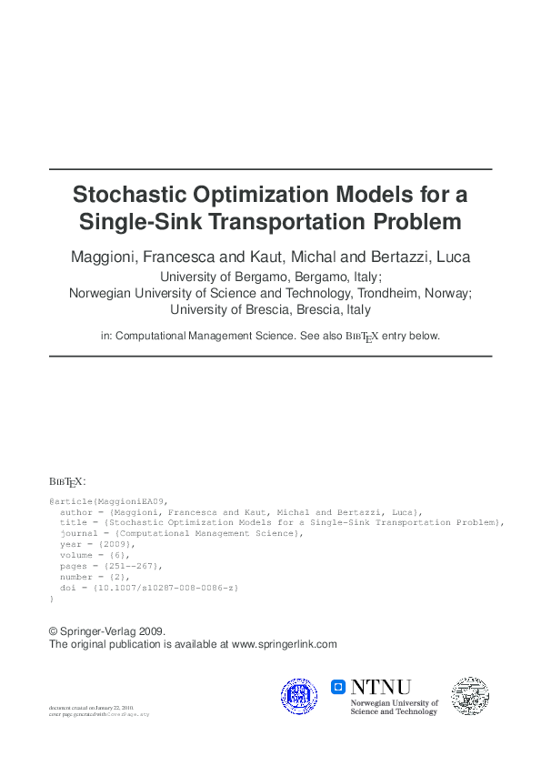 Pdf Stochastic Optimization Models For A Single Sink Transportation Problem