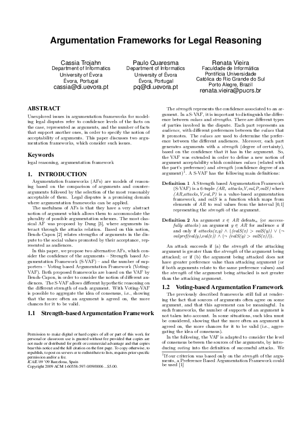 (PDF) Argumentation Frameworks for Legal Reasoning