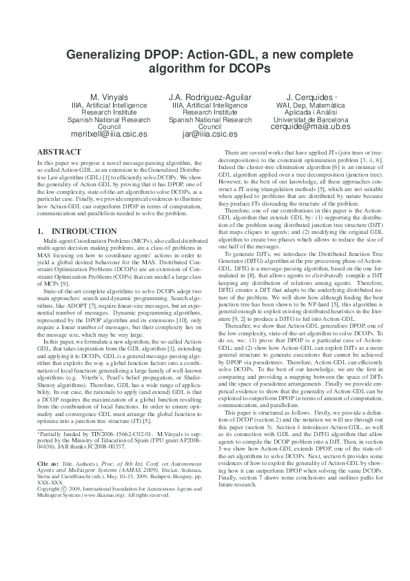 (PDF) Generalizing DPOP: Action-GDL, a new complete algorithm for DCOPs