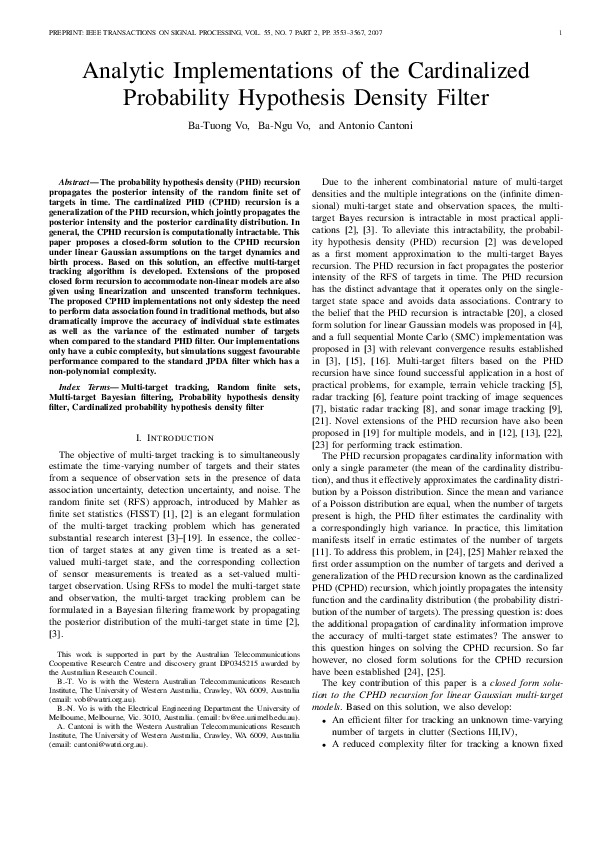 (PDF) Analytic implementations of the cardinalized probability hypothesis density filter