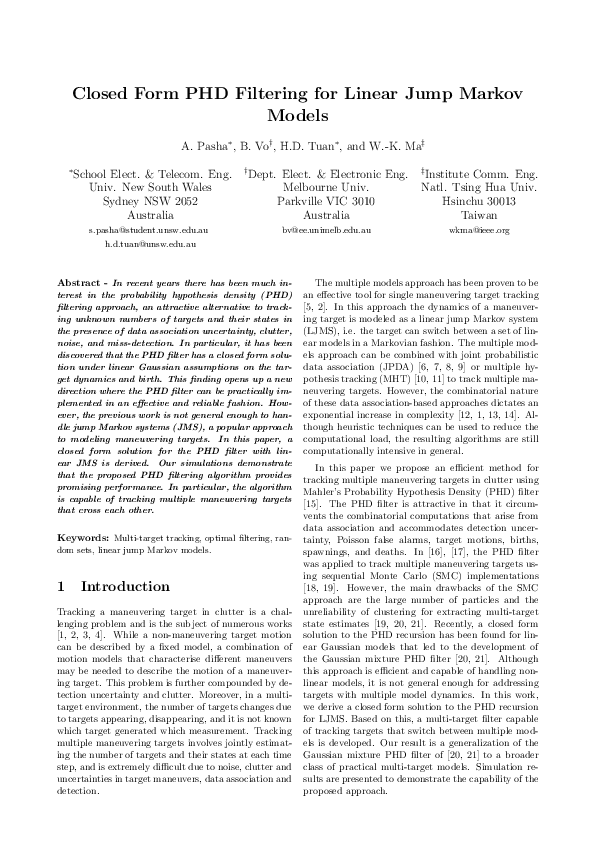 (PDF) Closed form PHD filtering for linear jump Markov models