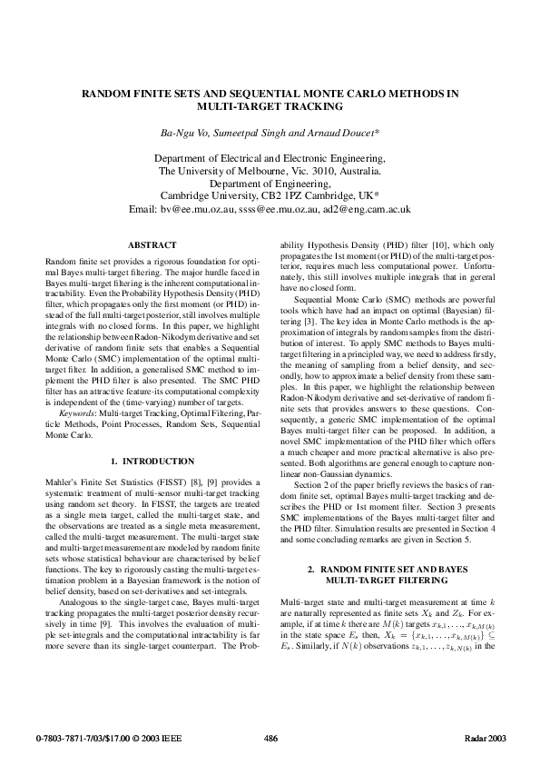 (PDF) Random finite sets and sequential Monte Carlo methods in multi-target tracking