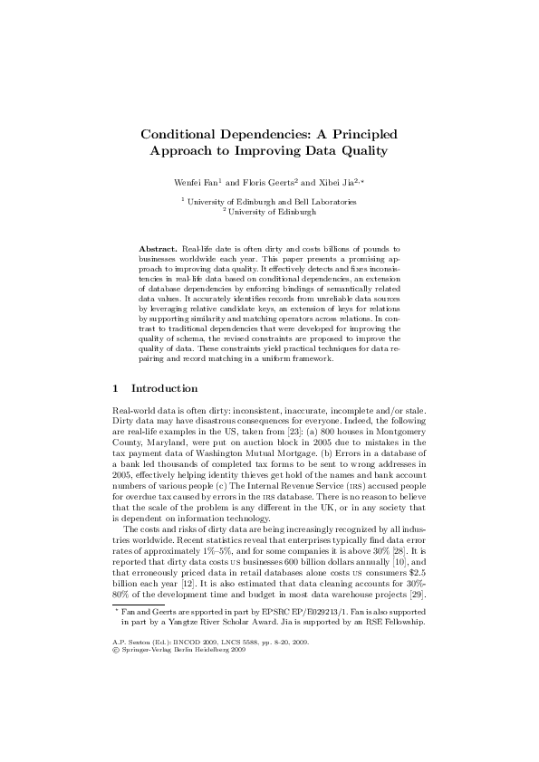 Pdf Conditional Dependencies A Principled Approach To Improving Data Quality
