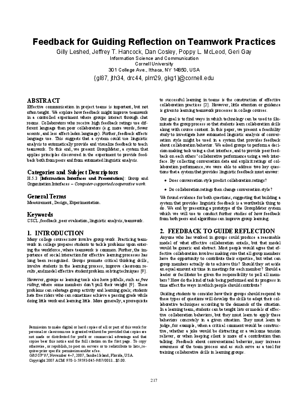 (PDF) Feedback for guiding reflection on teamwork practices