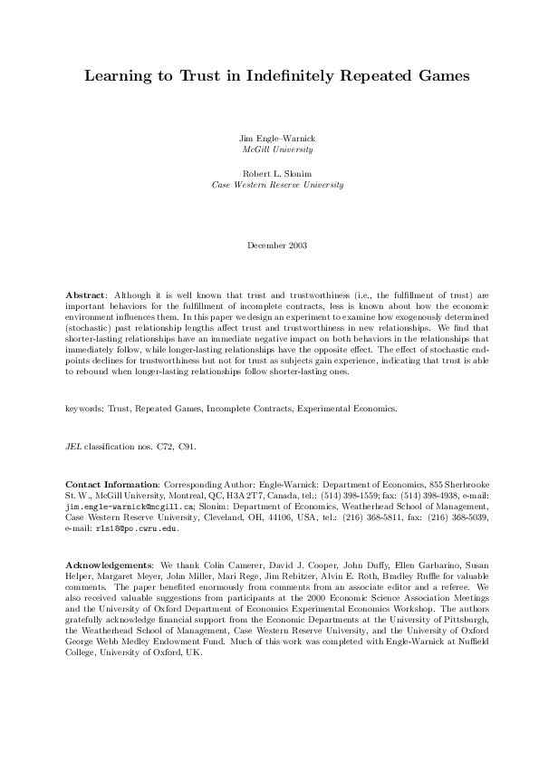 (PDF) Learning to trust in indefinitely repeated games