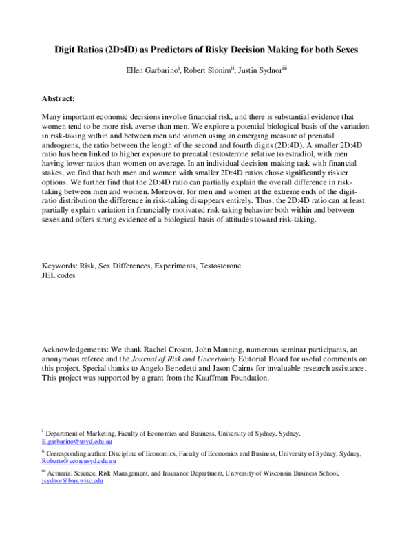 (PDF) Digit ratios (2D: 4D) as predictors of risky decision making for ...