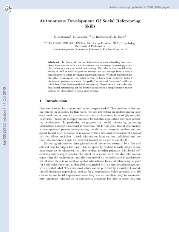 Pdf Autonomous Development Of Social Referencing Skills