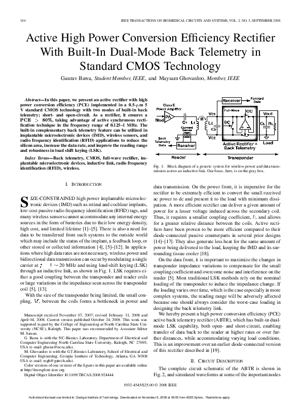 Pdf Active High Power Conversion Efficiency Rectifier With Built In Dual Mode Back Telemetry