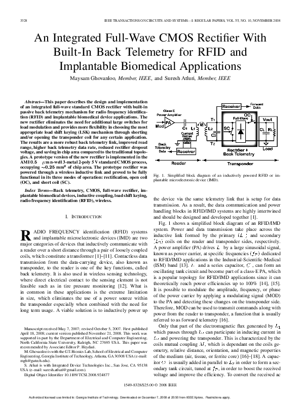 Pdf An Integrated Full Wave Cmos Rectifier With Built In Back Telemetry For Rfid And