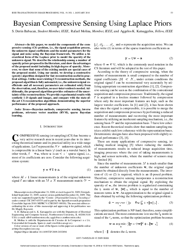 (PDF) Bayesian compressive sensing using Laplace priors