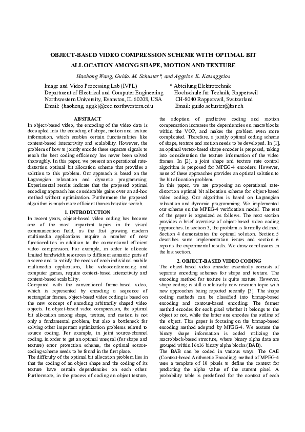 Pdf Object Based Video Compression Scheme With Optimal Bit Allocation Among Shape Motion And