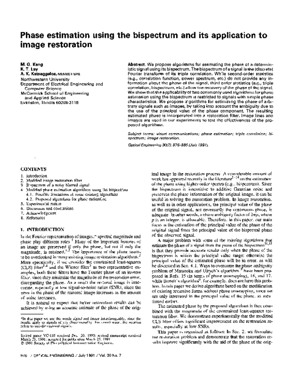 Pdf Phase Estimation Using The Bispectrum And Its Application To Image Restoration