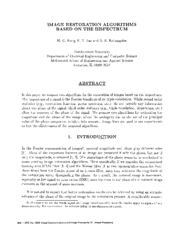 Pdf Image Restoration Algorithms Based On The Bispectrum Miguel