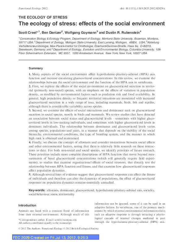 (PDF) The ecology of stress: effects of the social environment