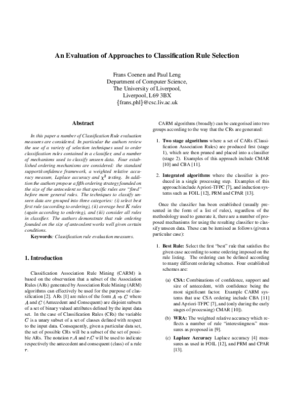 (PDF) An evaluation of approaches to classification rule selection