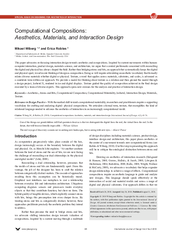 Pdf Computational Compositions Aesthetics Materials And Interaction Design