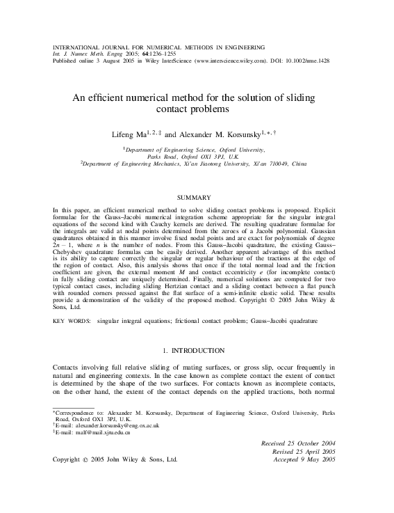 Pdf An Efficient Numerical Method For The Solution Of Sliding Contact Problems