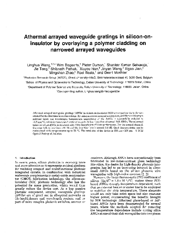(PDF) Athermal arrayed waveguide gratings in silicon-on-insulator by overlaying a polymer ...
