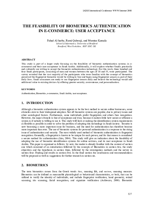 (PDF) The feasibility of biometrics authentication in e-commerce: User acceptance