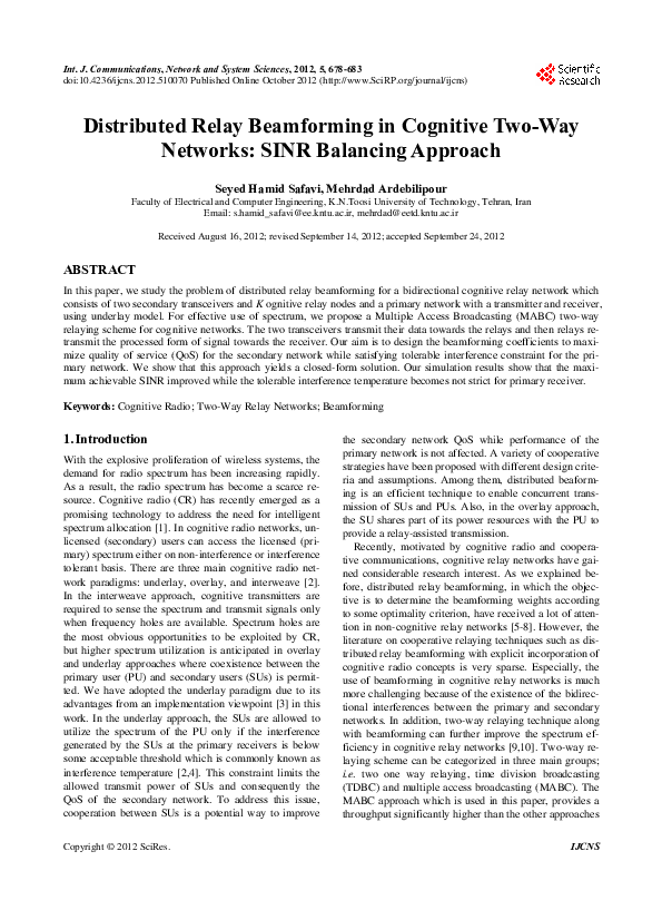 (PDF) Distributed Relay Beamforming in Cognitive Two-Way Networks: SINR Balancing Approach