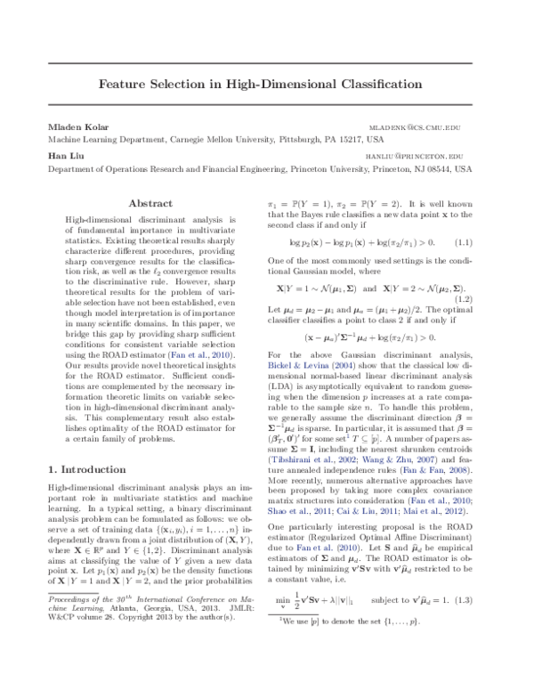 Pdf Feature Selection In High Dimensional Classification Mladen Kolar