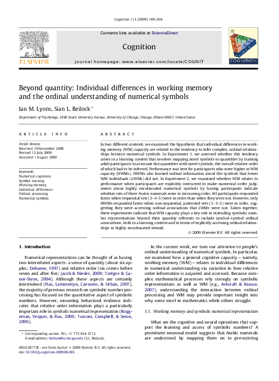 (PDF) Beyond quantity: Individual differences in working memory and the ordinal understanding of ...