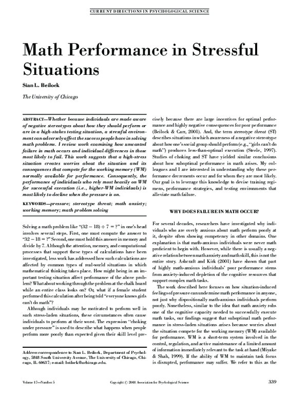 (PDF) Math performance in stressful situations