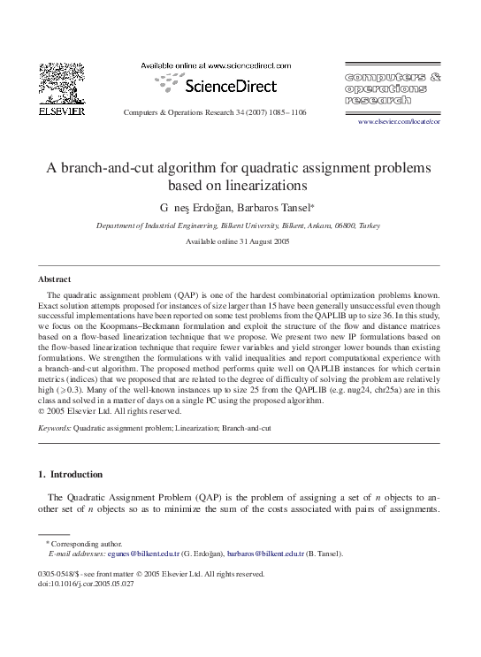 Pdf A Branch And Cut Algorithm For Quadratic Assignment Problems Based On Linearizations