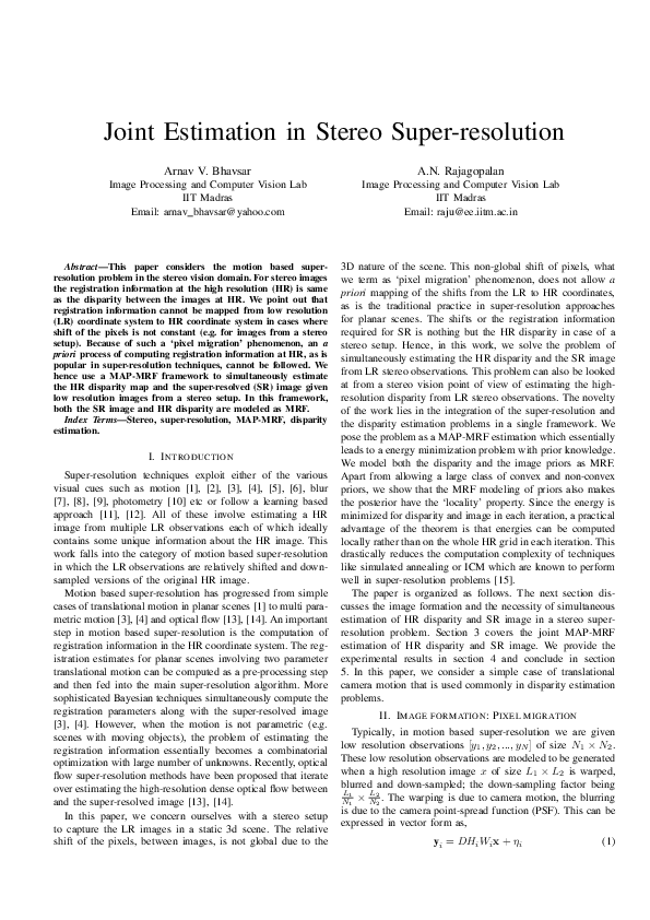 (PDF) Joint Estimation in Stereo Super-resolution