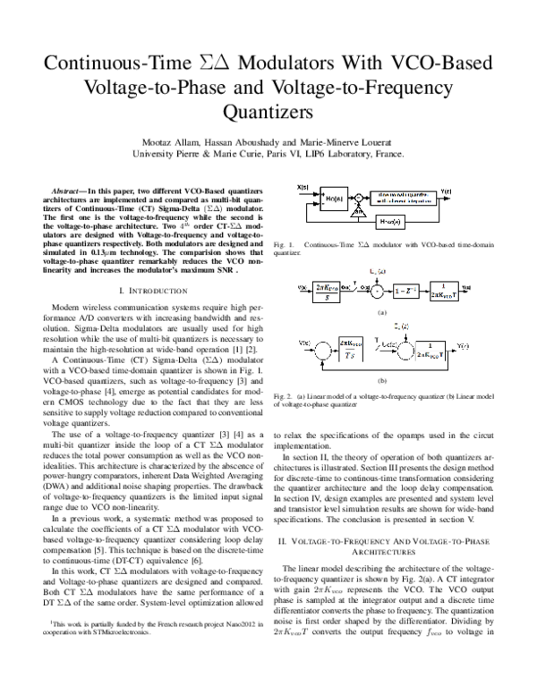 Pdf Continuous Time ΣΔ Modulators With Vco Based Voltage To Phase And Voltage To Frequency