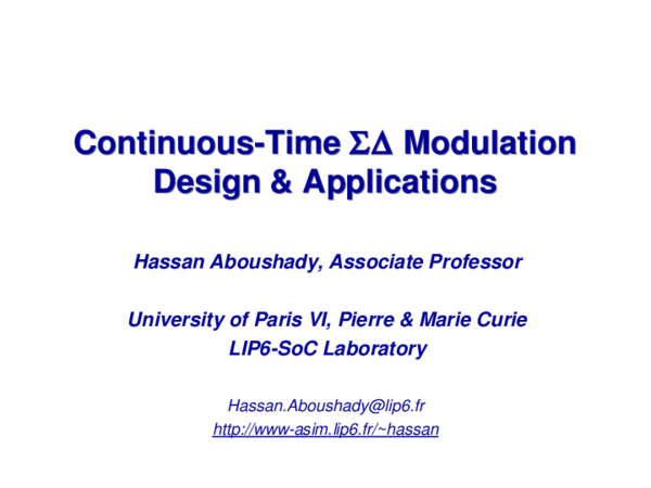 (PDF) Continuous-Time Σ∆ Modulation Design & Applications