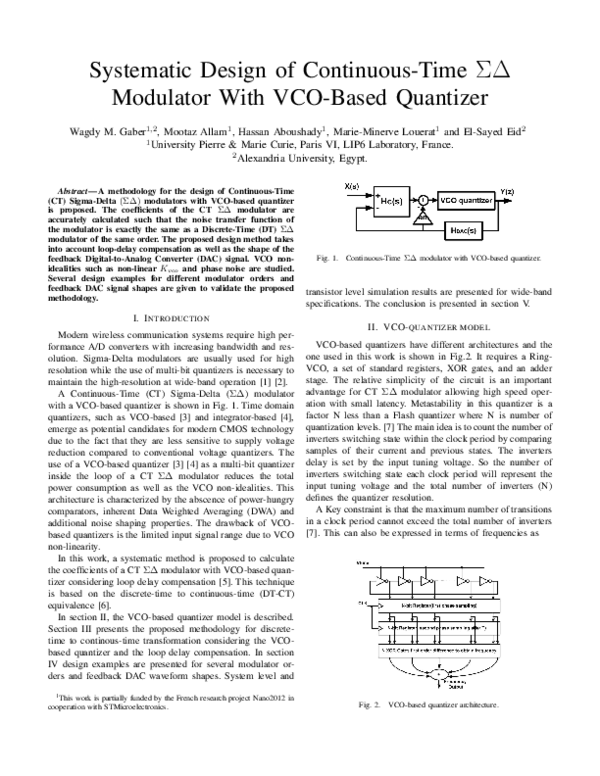 Pdf Systematic Design Of A Continuous Time Σ∆ Modulator With Vco Based Quantizer Hassan 9240