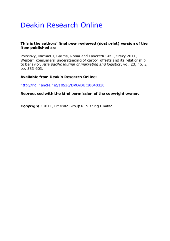 (PDF) Western consumers' understanding of carbon offsets and its ...