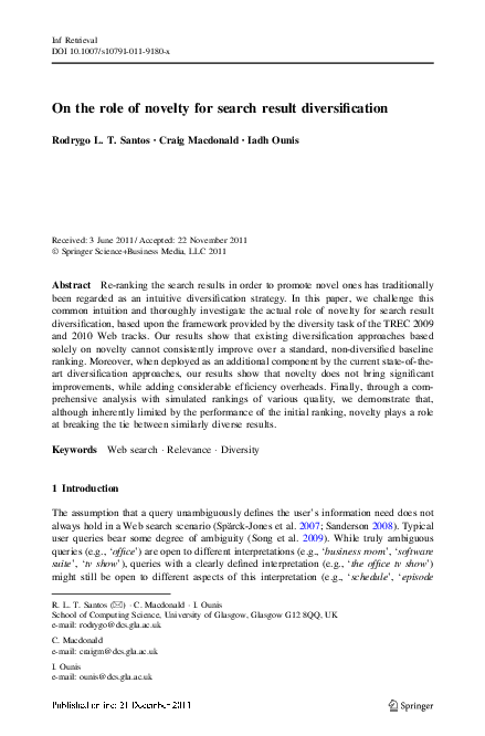 (PDF) On the role of novelty for search result diversification