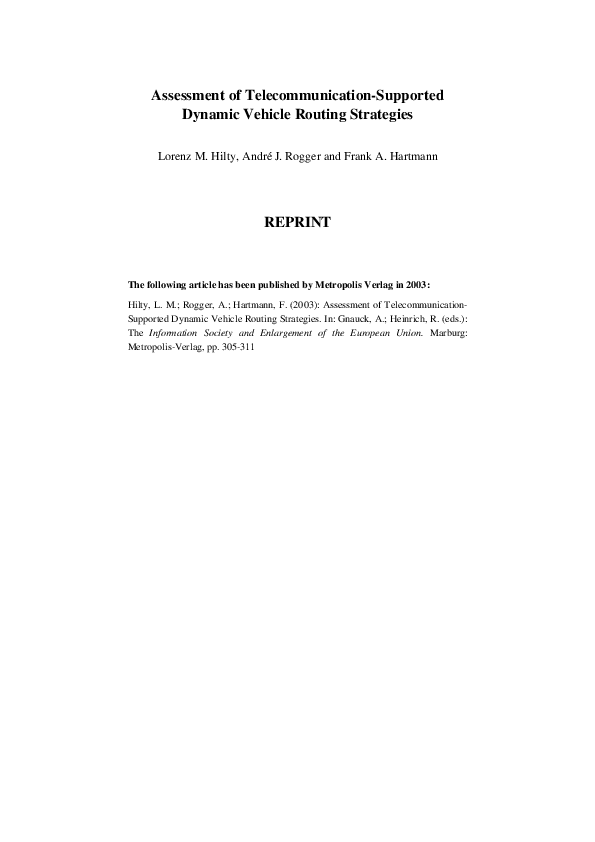 Pdf Assessment Of Telecommunication Supported Dynamic Vehicle Routing Strategies