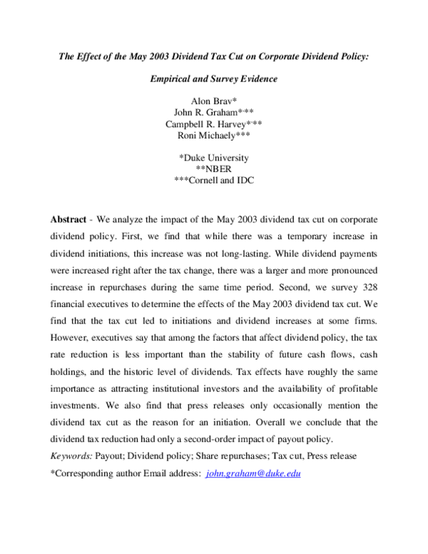 (PDF) The effect of the May 2003 dividend tax cut on corporate dividend ... (PDF) The effect of the May 2003 dividend tax cut on corporate dividend ...