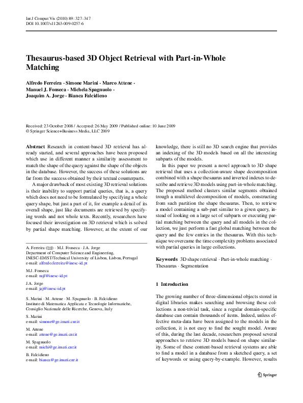 Pdf Thesaurus Based 3d Object Retrieval With Part In Whole Matching