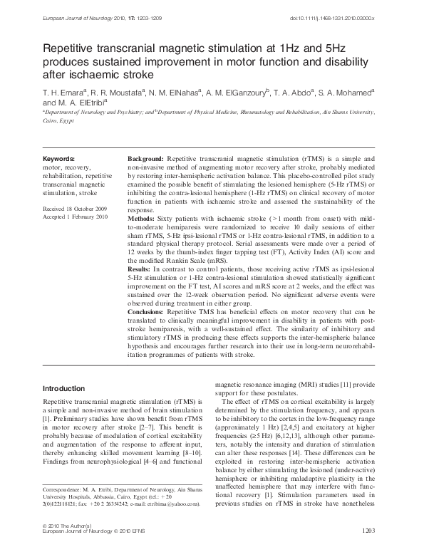 (PDF) Repetitive transcranial magnetic stimulation at 1Hz and 5Hz produces sustained improvement ...