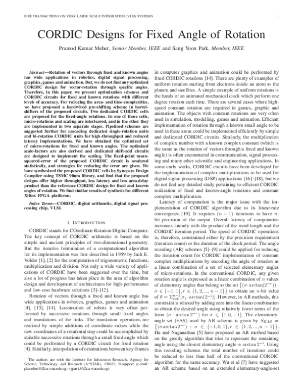 Pdf Cordic Designs For Fixed Angle Of Rotation