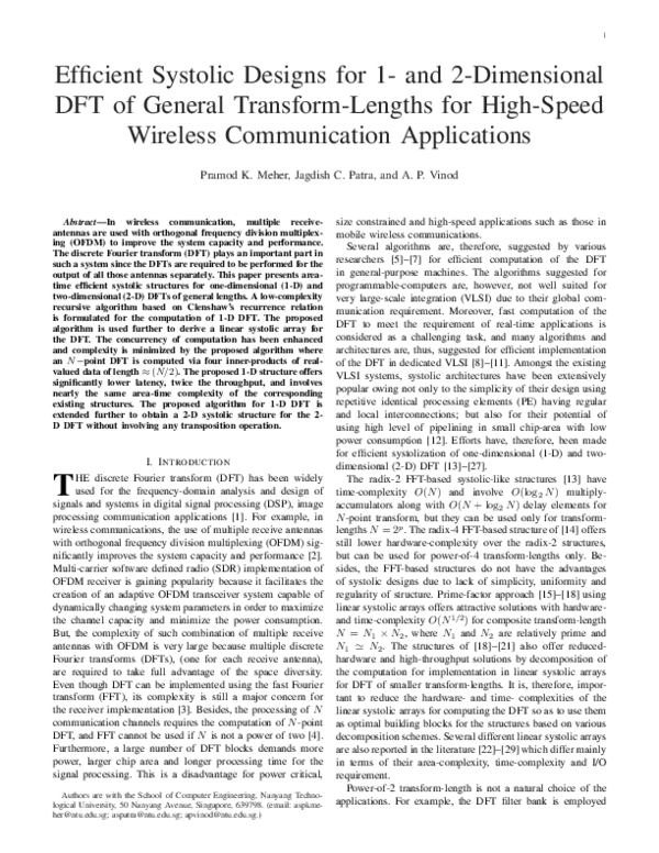 (PDF) Efficient Systolic Designs for 1-and 2-Dimensional DFT of General Transform-Lengths for ...