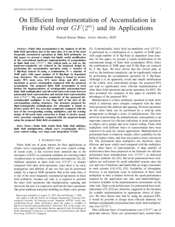 (PDF) On efficient implementation of accumulation in finite field over GF (2m) and its applications