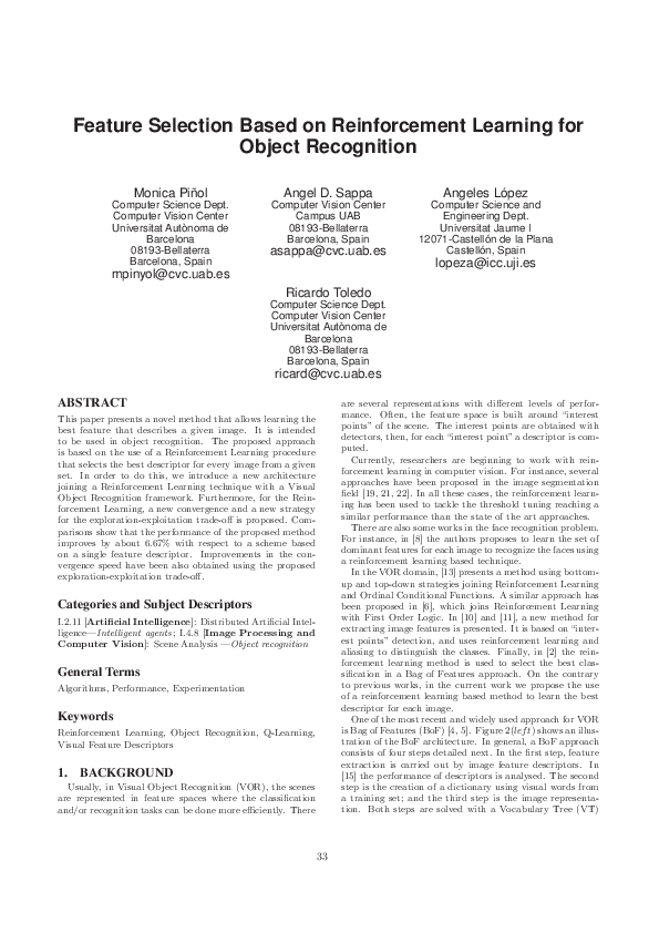 Pdf Feature Selection Based On Reinforcement Learning For Object