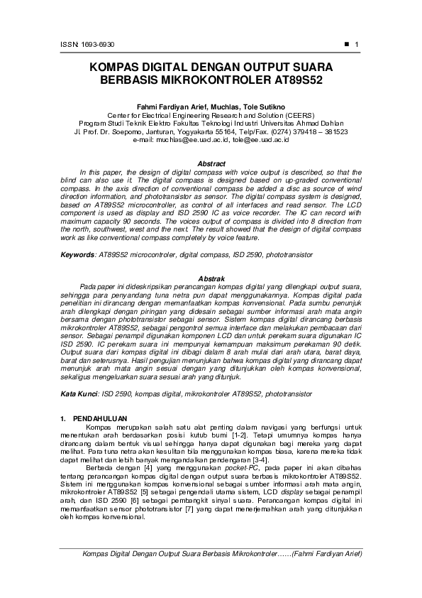 (PDF) AT89S52 Microcontroller Based Digital Compass With Voice Output | Tole Sutikno - Academia.edu