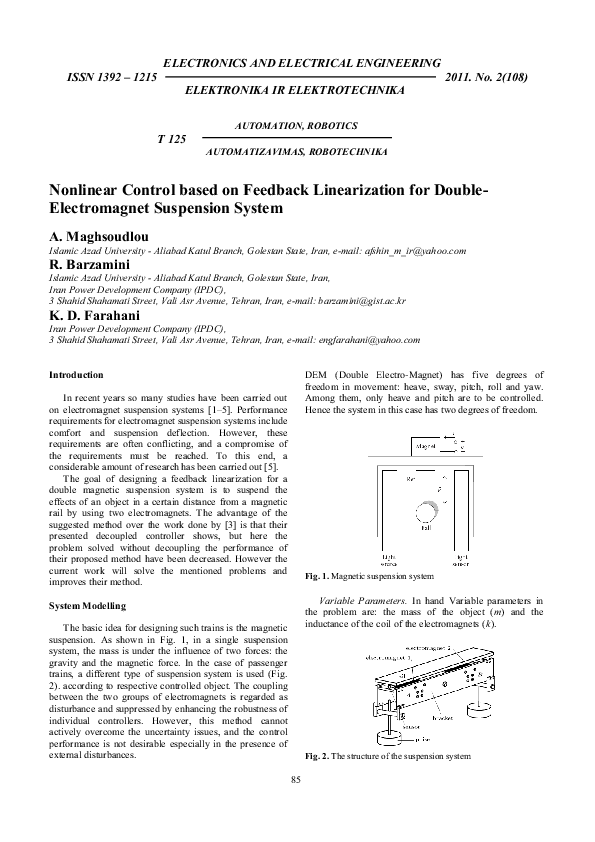 Pdf Nonlinear Control Based On Feedback Linearization For Double Electromagnet Suspension System