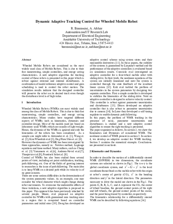 Pdf Dynamic Adaptive Tracking Control For Wheeled Mobile Robot Roohollah Barzamini