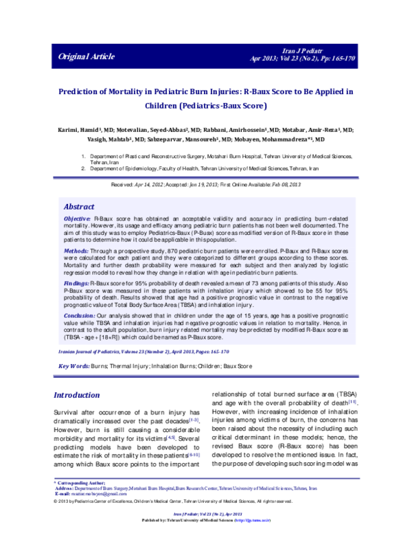 (PDF) Prediction of Mortality in Pediatric Burn Injuries: R-Baux Score ...