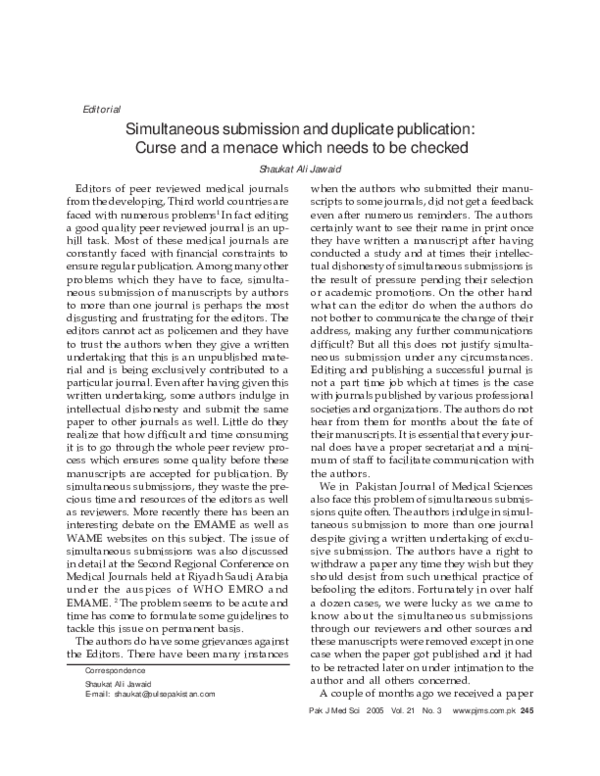 (PDF) Simultaneous submission and duplicate publication: Curse and a ...