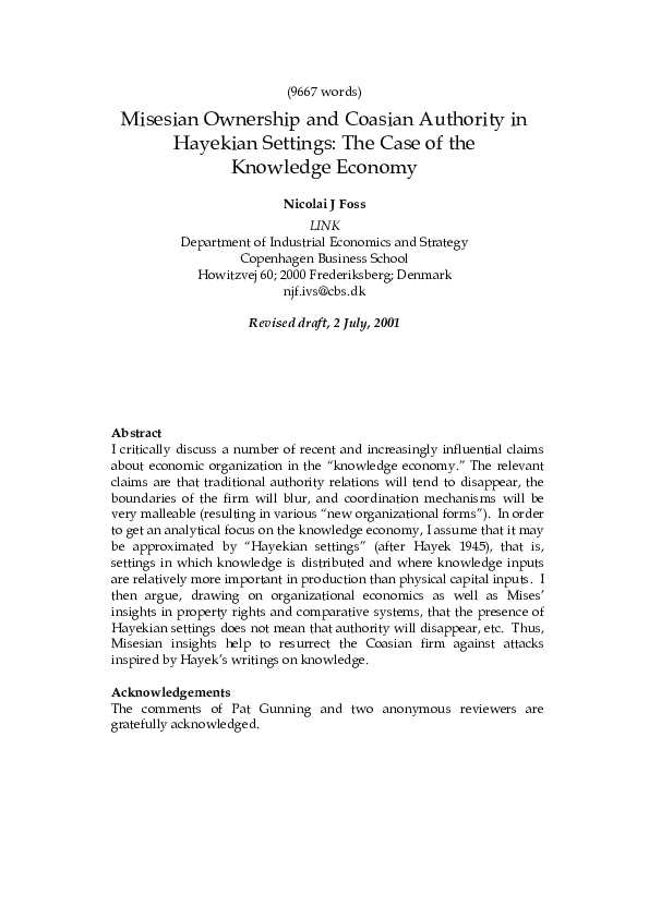 (PDF) Misesian Ownership and Coasian Authority in Haykian Settings