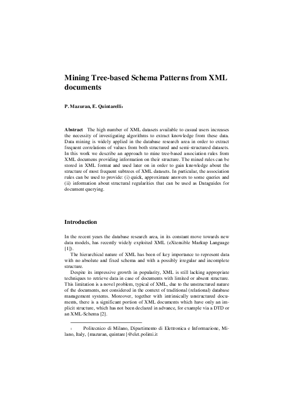 (PDF) Mining Tree-based Schema Patterns from XML documents (PDF) Mining Tree-based Schema Patterns from XML documents