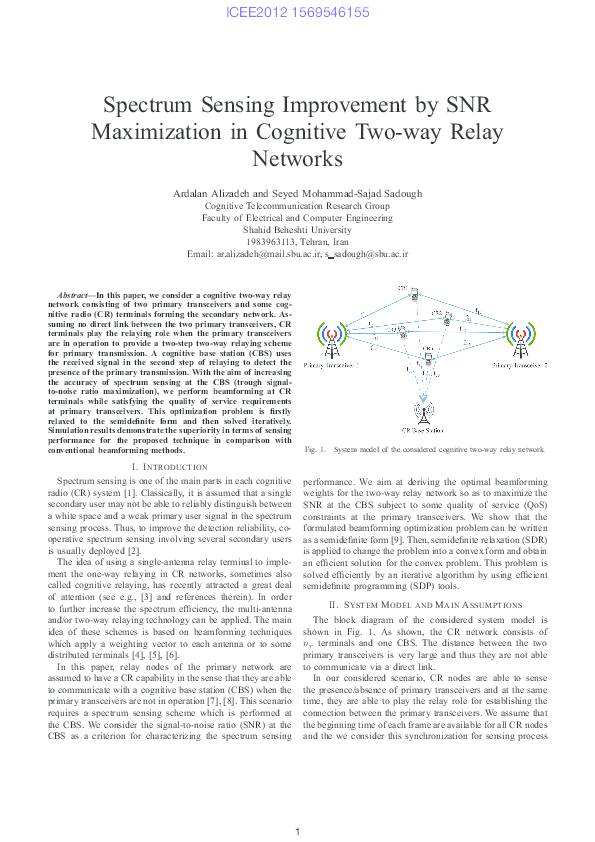 (PDF) Spectrum Sensing Improvement by SNR Maximization in Cognitive Two-way Relay Networks